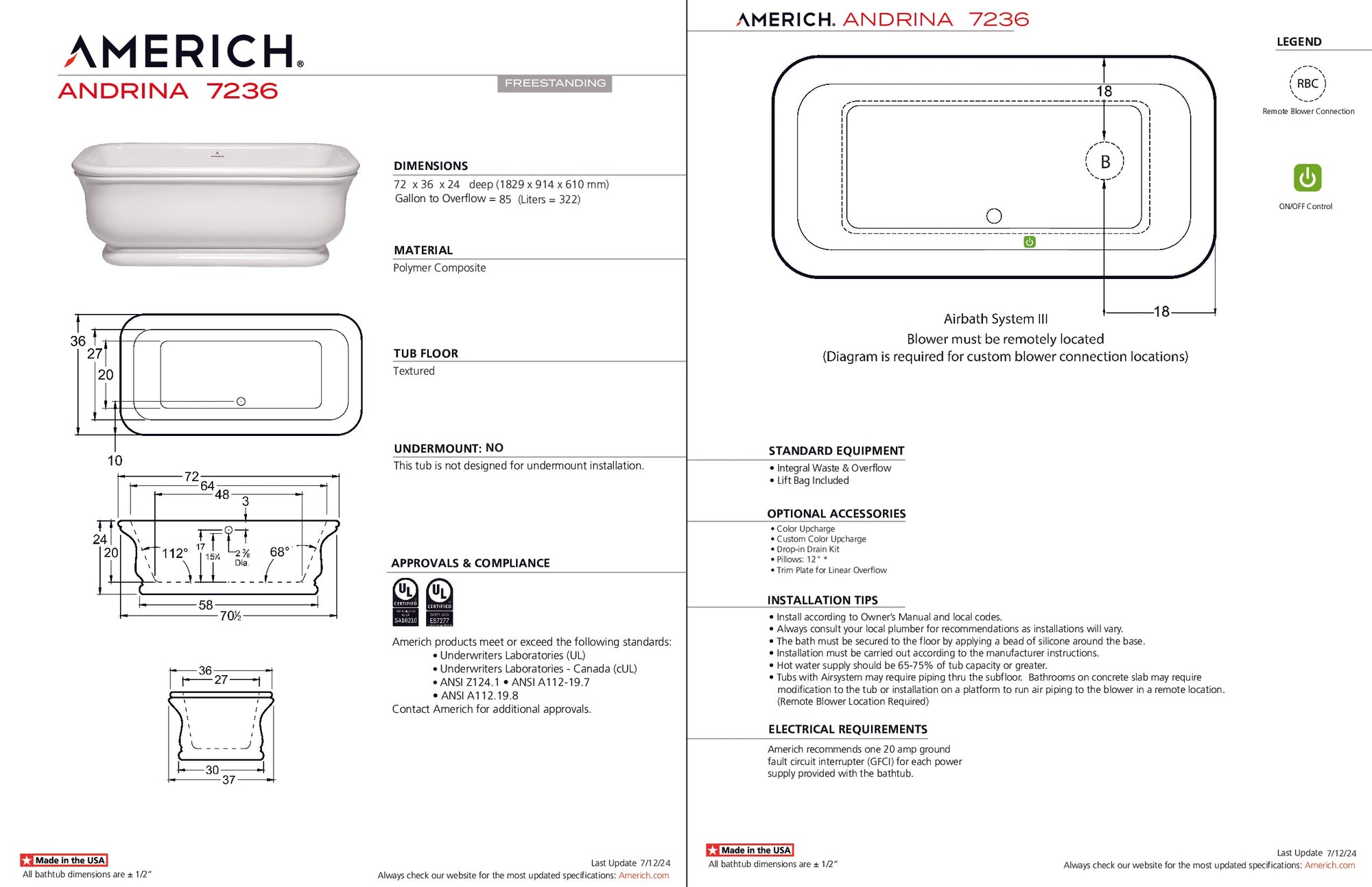 Americh Andrina 72 36 Freestanding Bathtub